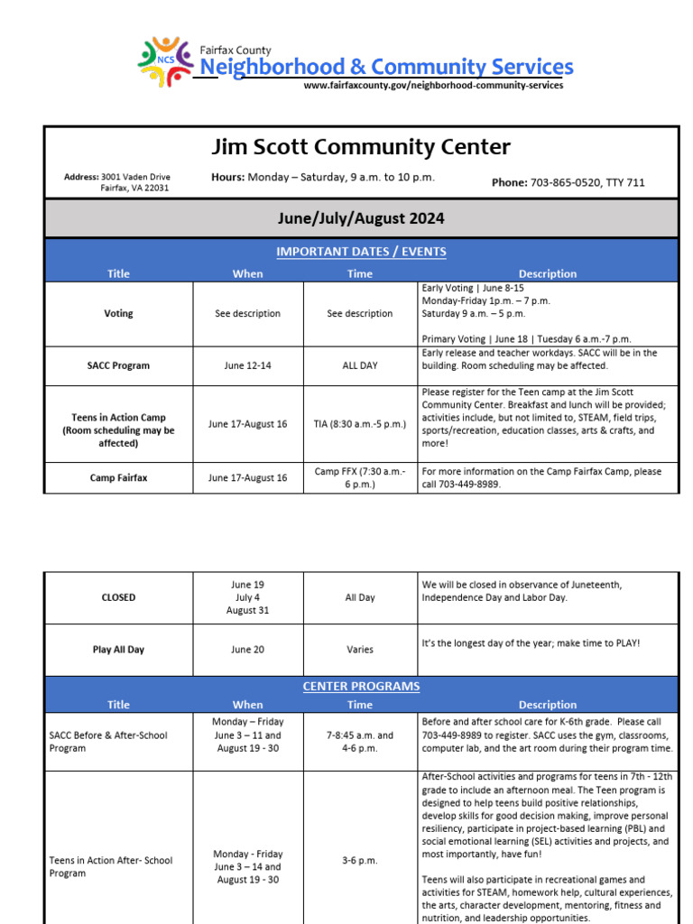 Jim Scott Community Center Calendar | PDF