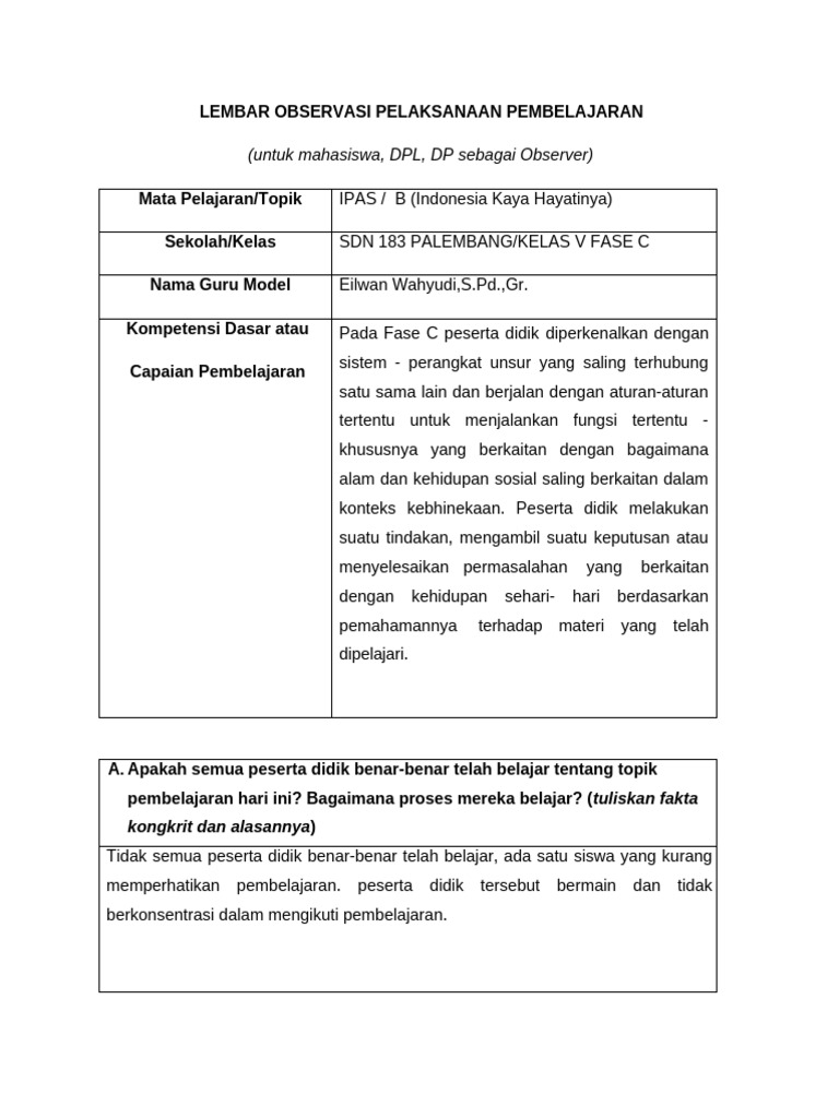 Lampiran 5. LK 4 Lembar Observasi Pelaksanaan Pembelajaran - PPL 2 - Siklus 2-DP | PDF