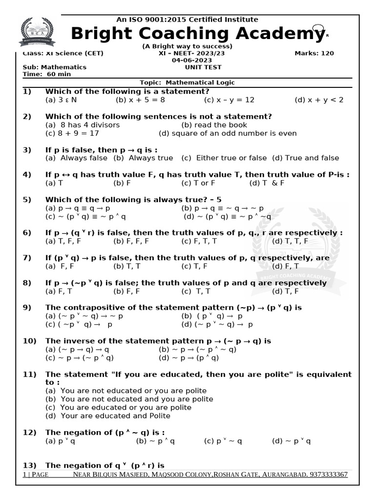 Class XI Mathematical Logic 04 06 2023 | PDF