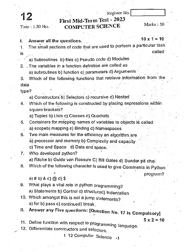 Xii CS em I Mid 2023 | PDF