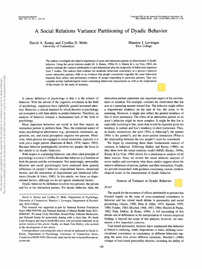 A Social Relations Variance Partitioning of Dyadic Behavior | PDF