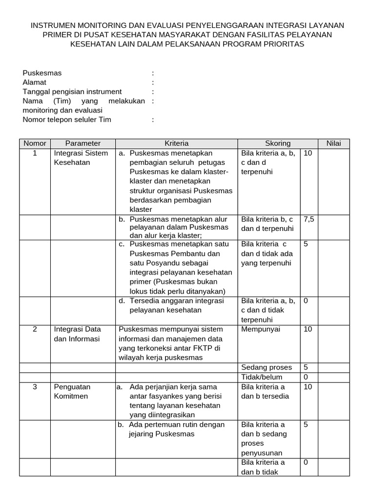 Instrumen Monitoring Dan Evaluasi - Puskesmas | PDF
