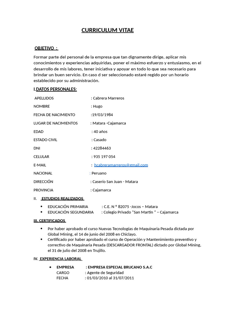 Curriculum Vitae Hugo Cabrera Marreros | PDF