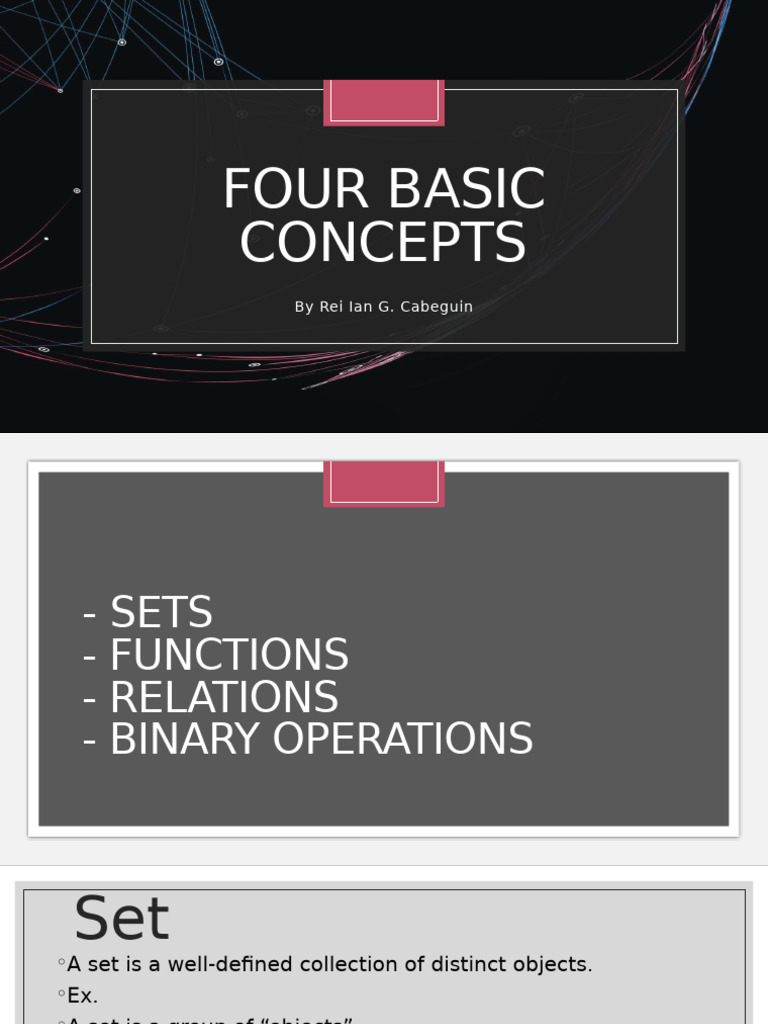 Four Basic Concepts Math | PDF | Set (Mathematics) | Function (Mathematics)