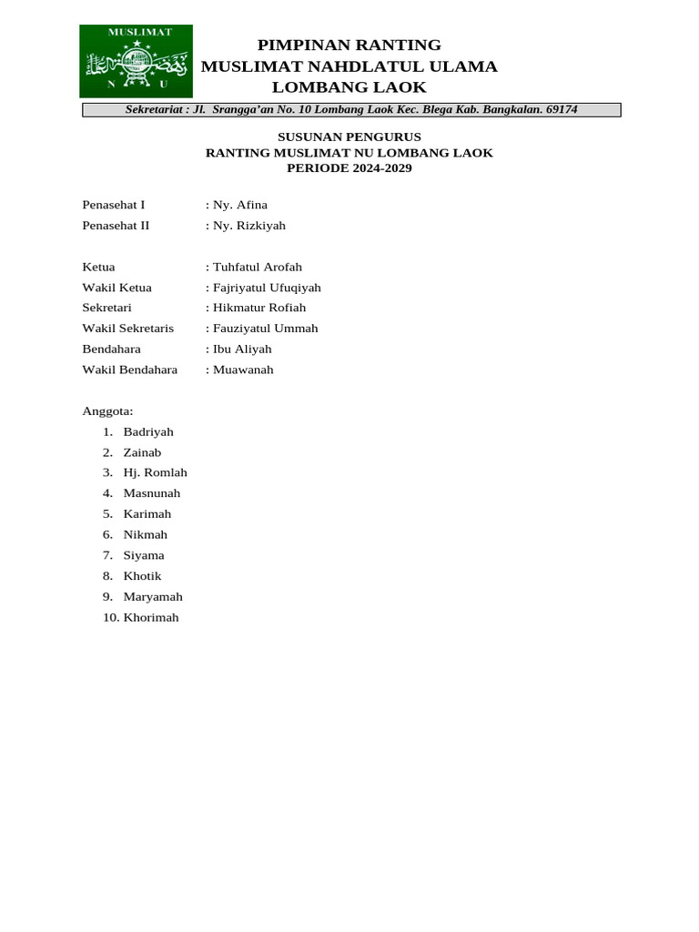 SUSUNAN PENGURUS Lombang Laok | PDF