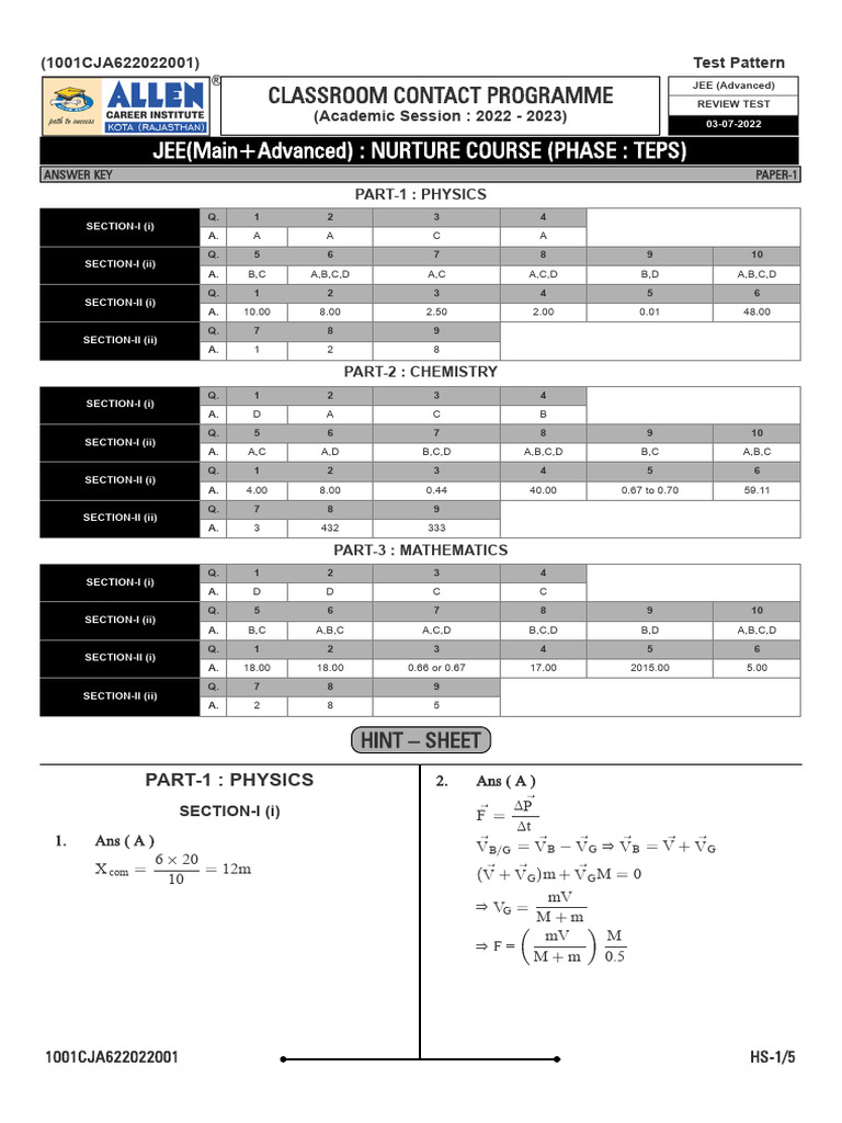 Classroom Contact Programme JEE (Main+Advanced) : NURTURE COURSE (PHASE: TEPS) | PDF