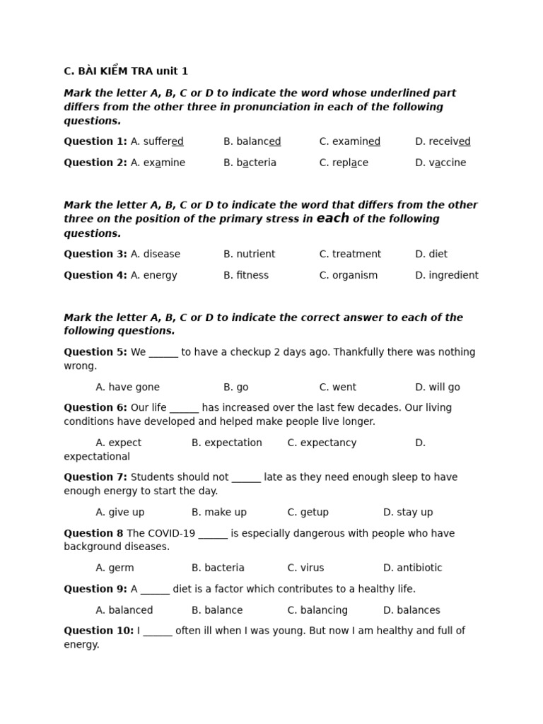Bài Ktra Unit 1 | PDF