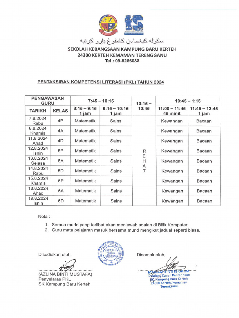 Jadual PKL 2024 SK KAMPUNG BARU KERTEH | PDF