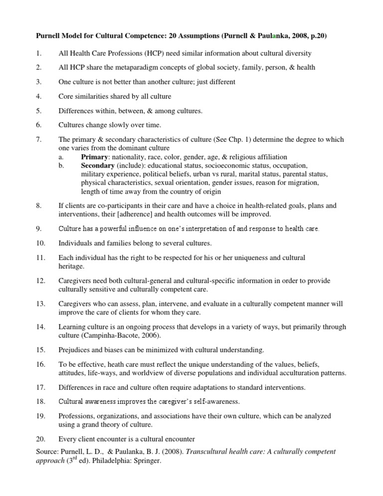 Purnell Model: 20 Cultural Competence Assumptions | PDF | Social ...