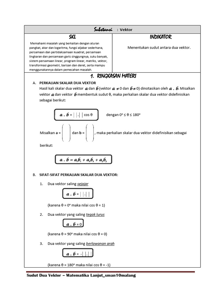 SKL 2 (13) Sudut Dua Vektor & | PDF