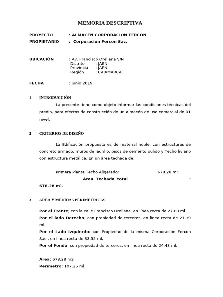 MEmoria Descriptiva ALMACEN NUEVO | PDF