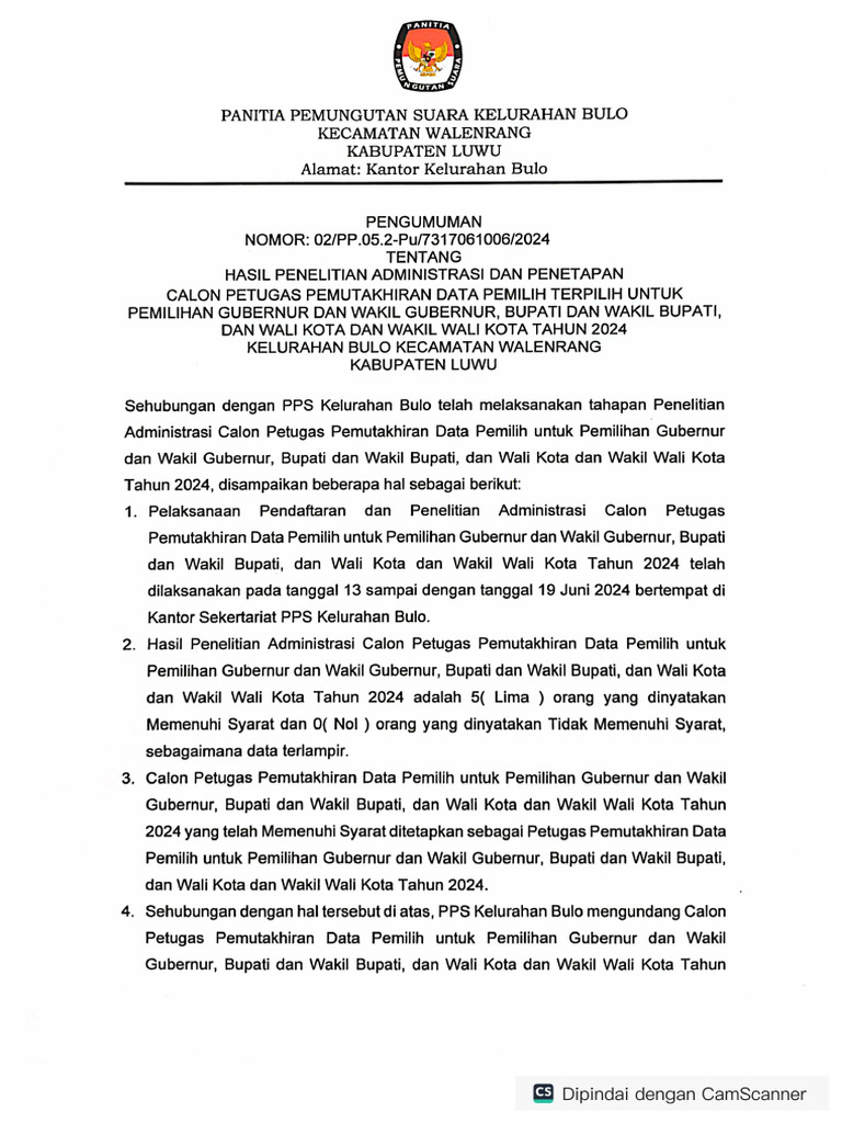 Pengumuman Hasil Seleksi PPDP Kelurahan Bulo | PDF