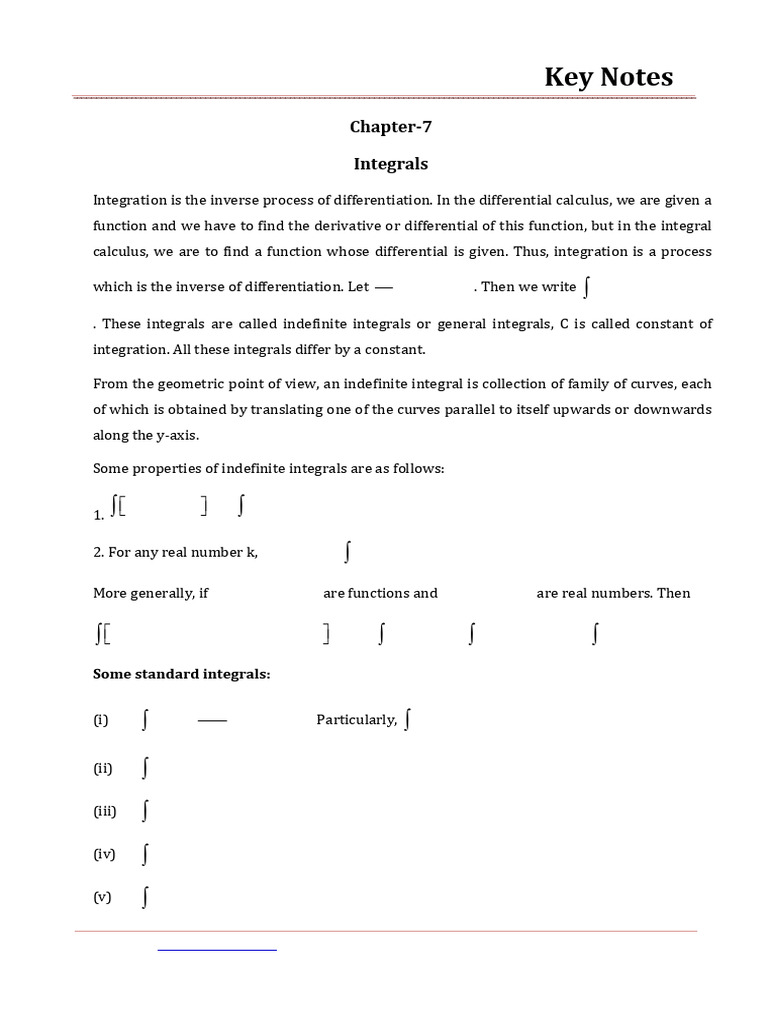 12 Maths Key Notes CH 07 Intergrals | PDF