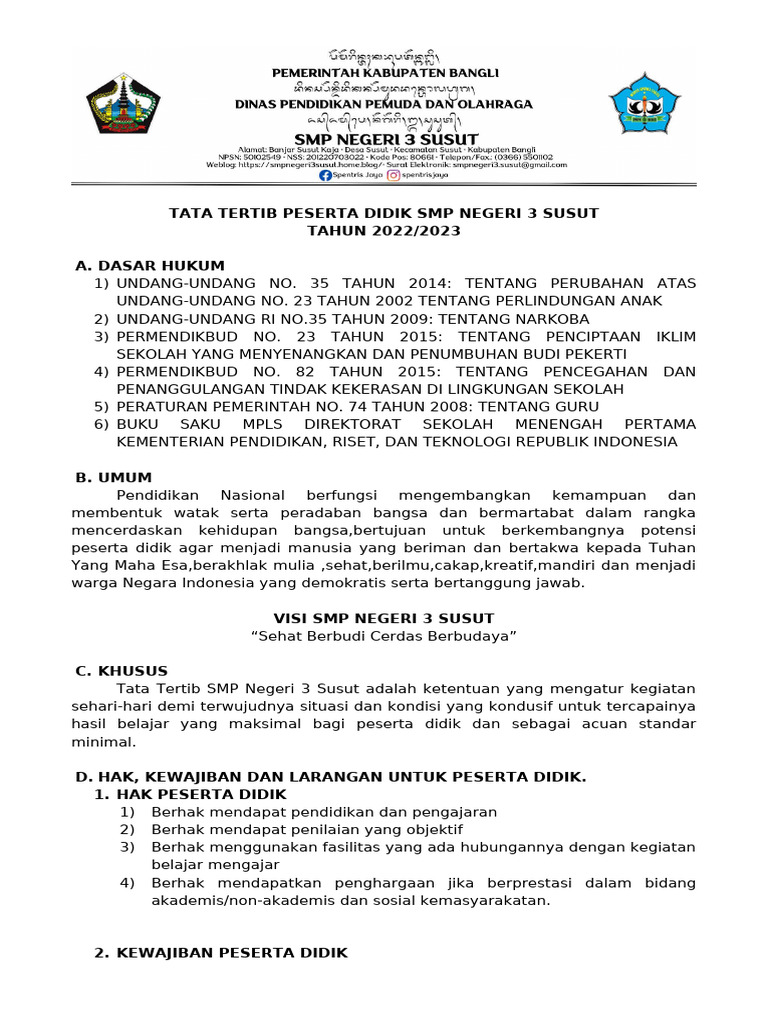 Tata Tertib Peserta Didik SMP Negeri 3 Susut | PDF
