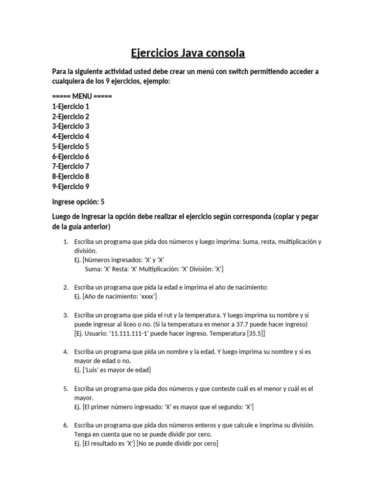 EjerciciosConsola - Java (Menu Con Switch) | PDF