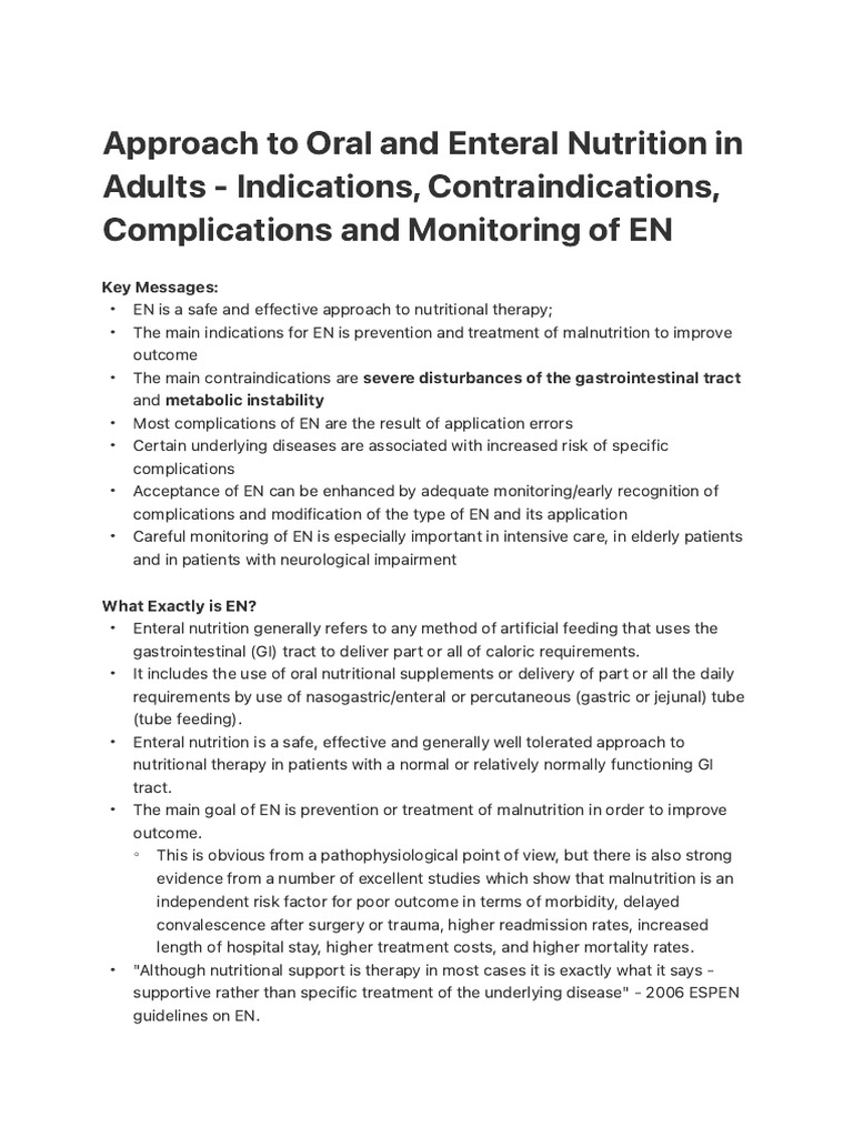 Approach To Oral and Enteral Nutrition in Adults - Indications, Contraindications, Complications ...