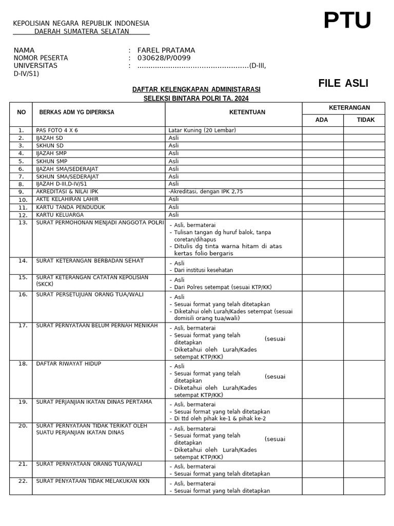 Ceklis Persyaratan Ba Ptu 2024 | PDF