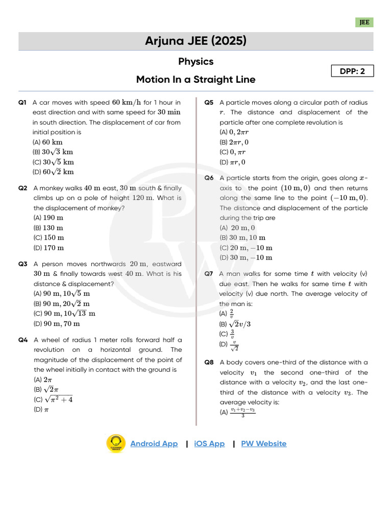 Motion in A Straight Line - DPP 02 (Of Lec 03) - Arjuna JEE 2025 | PDF