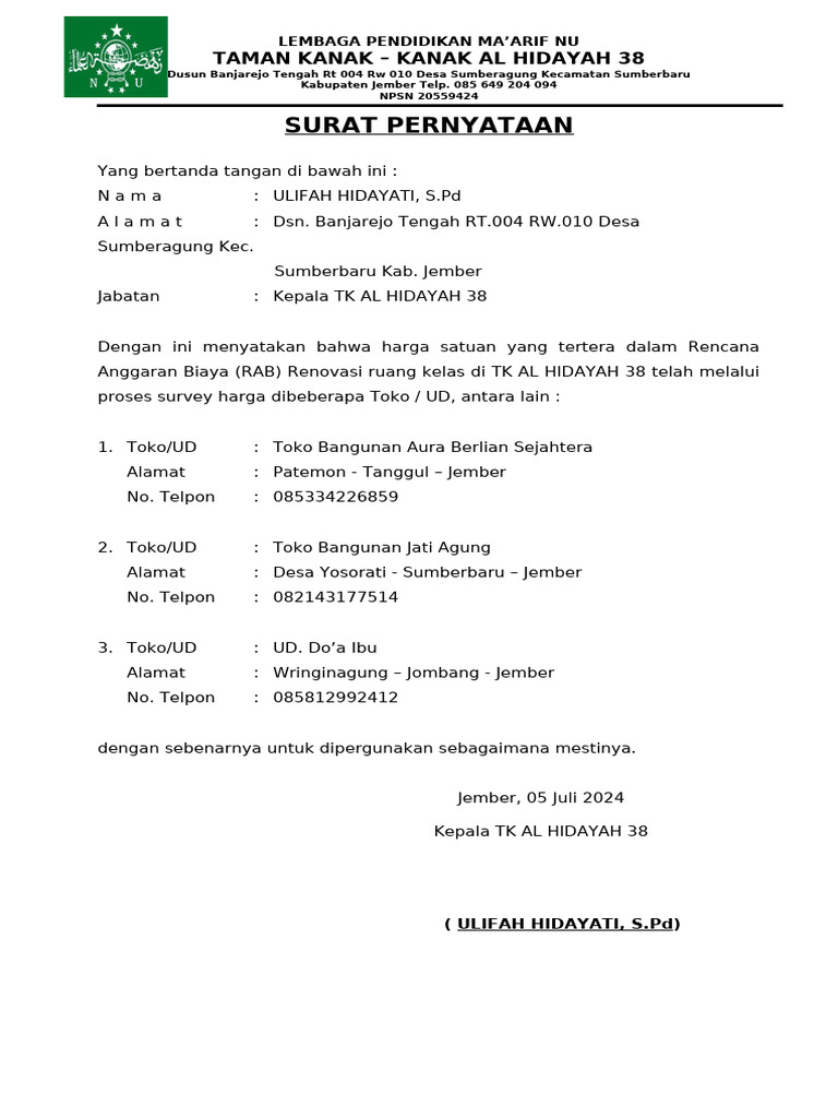 Contoh Surat Pernyataan Survey | PDF