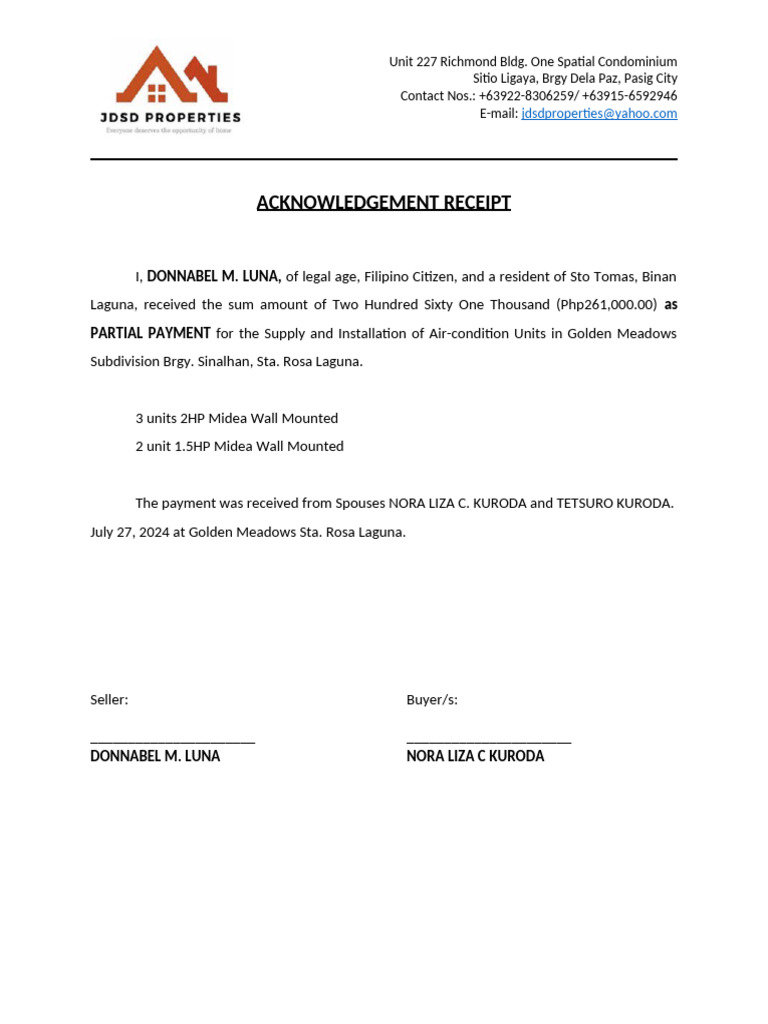 Acknowledgement Receipt Template Aircon Payment | PDF