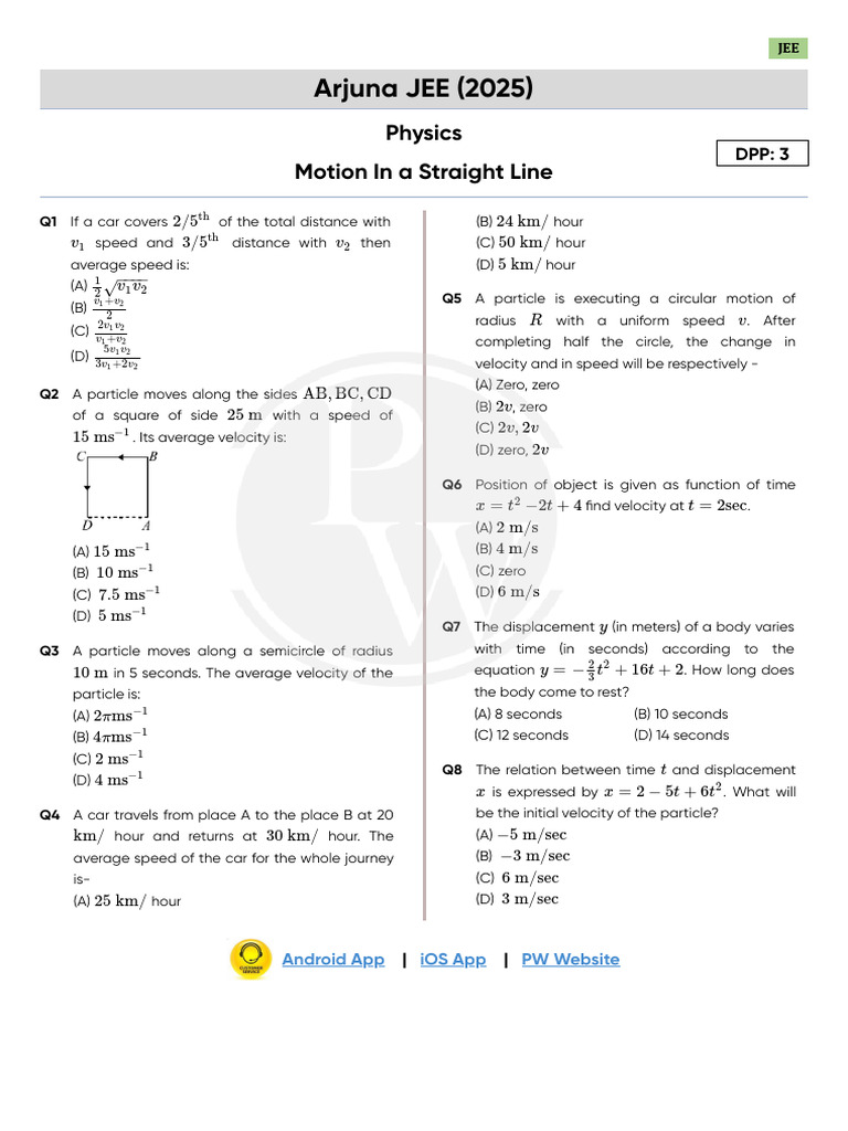 Motion in A Straight Line - DPP 03 (Of Lec 04) - Arjuna JEE 2025 | PDF