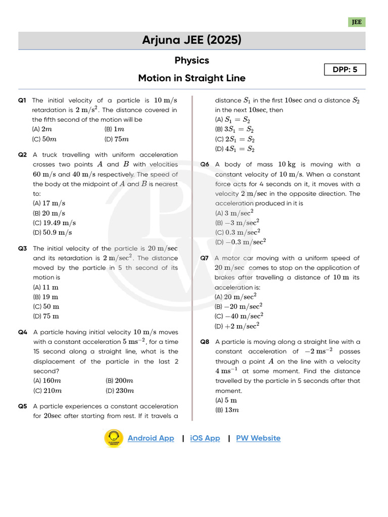 Motion in A Straight Line - DPP 05 (Of Lec 06) - Arjuna JEE 2025 | PDF