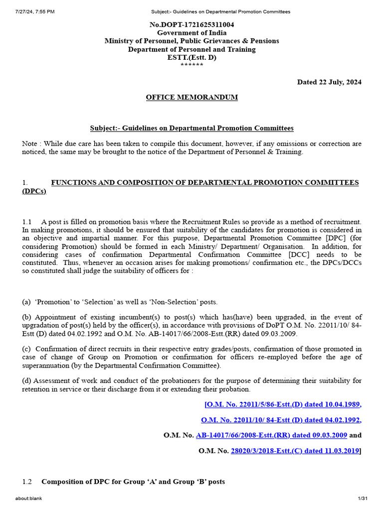 Updated Guidelines On Departmental Promotion Committees 2024 | PDF ...