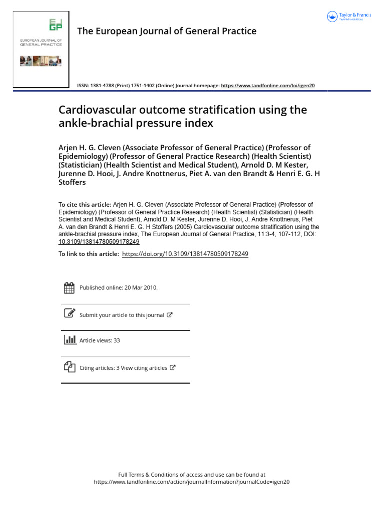 Cardiovascular Outcome Stratification Using The Ankle Brachial Pressure ...