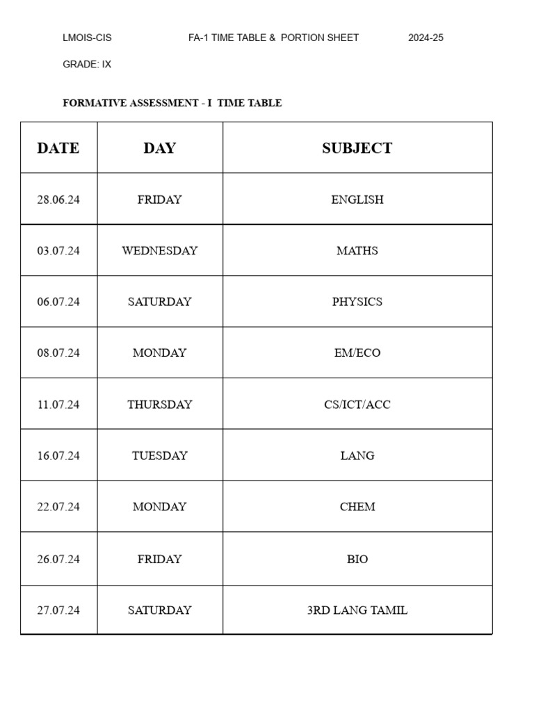 Grade IX FA1 Portion Sheet and Time Table | PDF