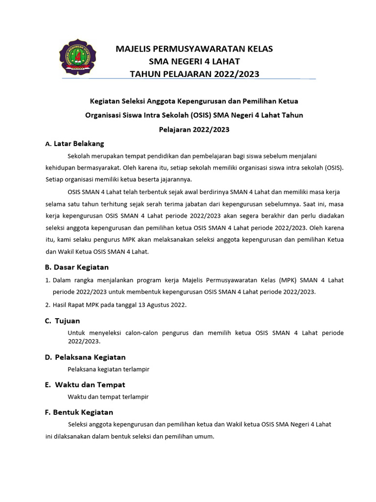 PROPOSAL PEMILIHAN OSIS PERIODE 2021 2022 Revisi | PDF