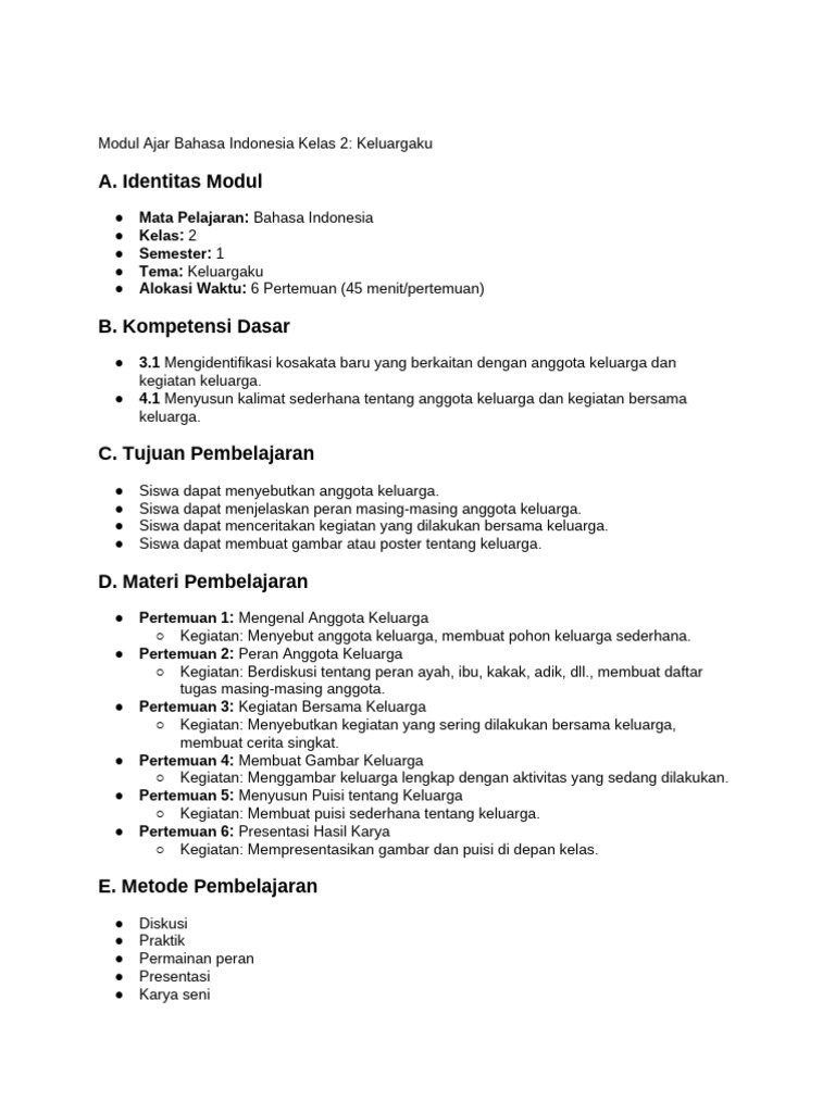 Modul Ajar Bahasa Indonesia Bab 4 Keluargaku Leng... | PDF