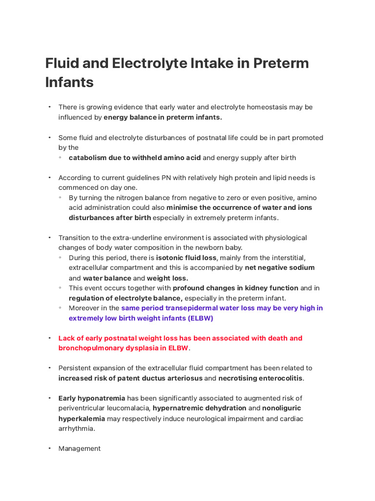 Fluid and Electrolyte Intake in Preterm Infants | PDF