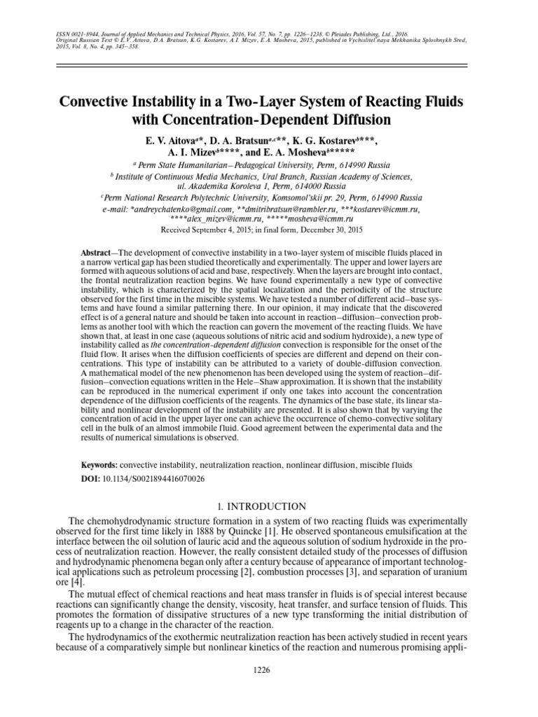 Convective Instability in A Two-Layer System of Reacting Fluids With Concentration Dependent ...