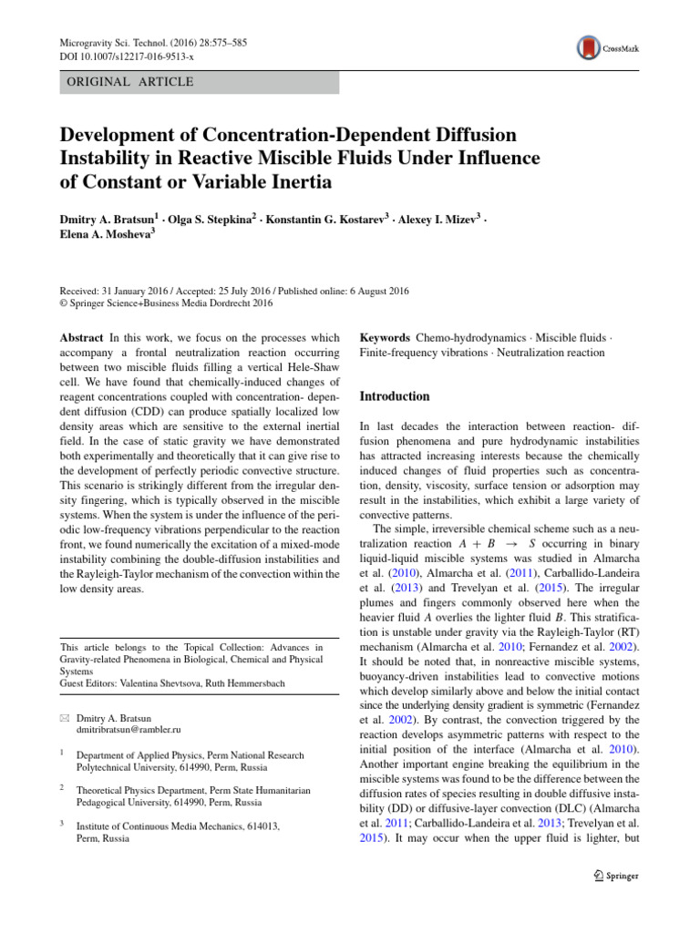 Development of Concentration-Dependent Diffusion Instability in Reactive Miscible Fluids Under ...
