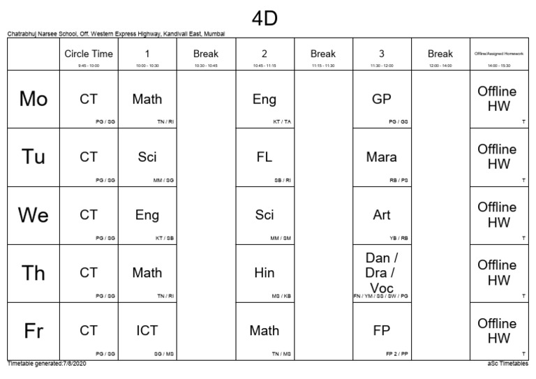 Grade 4D - Time Table | PDF