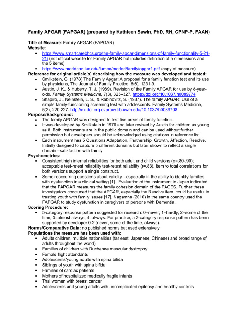 Family APGAR FAPGAR Final - Sawin | PDF | Dementia | Self-Improvement