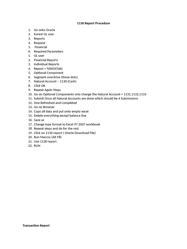 1130 & Transaction Report Procedure | PDF