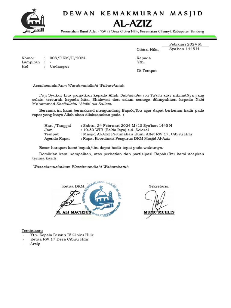 003 Surat Undangan Rapat Pengurus DKM | PDF