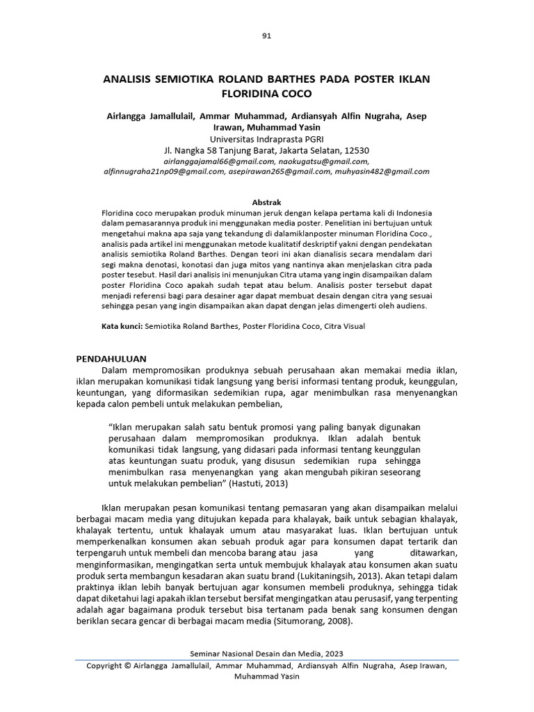 Analisis Semiotika Roland Barthes Pada Poster Iklan Floridina Coco | PDF