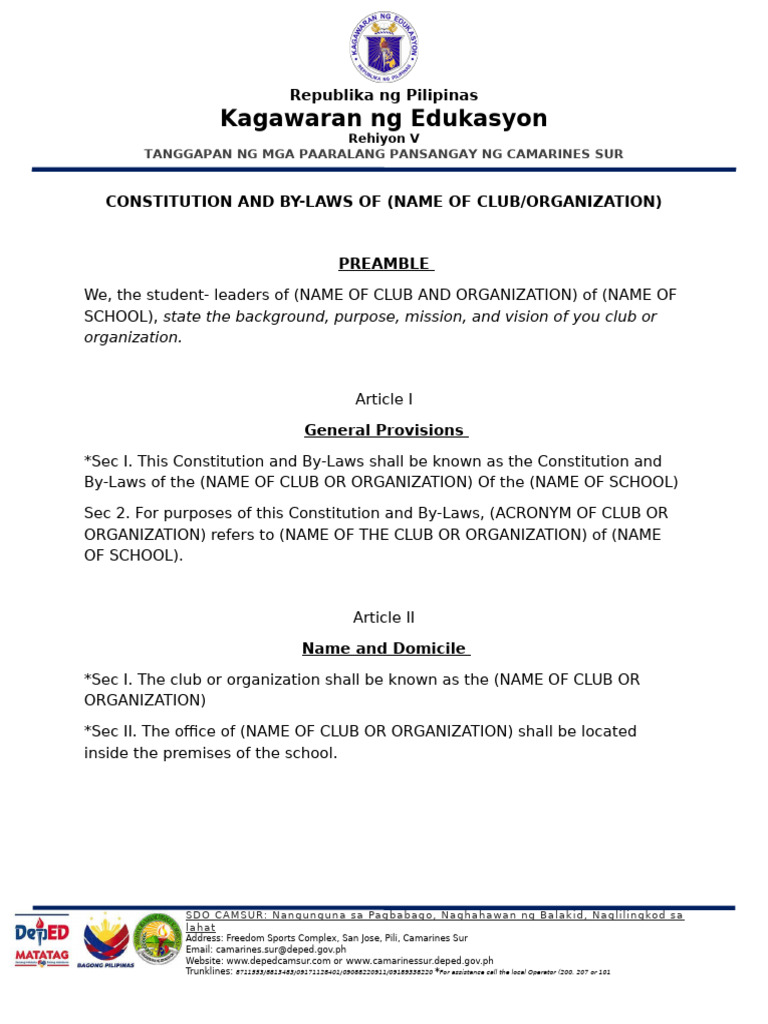 Club Constitution and Bylaws Template | PDF | Discrimination | Government