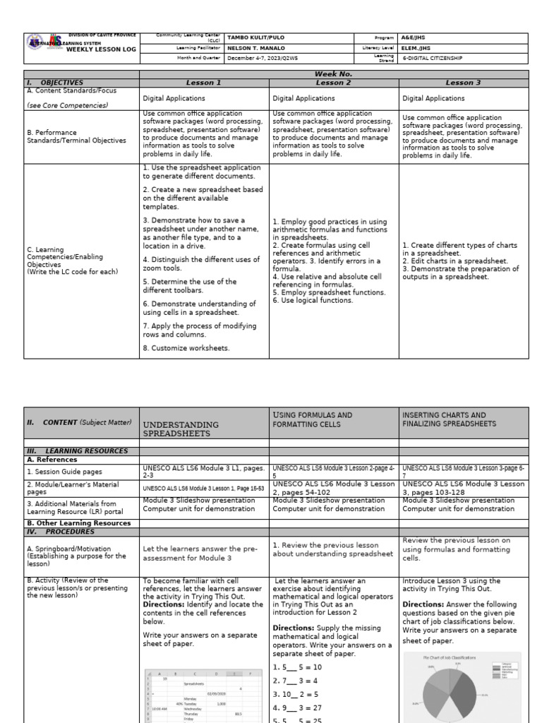 WLL LS6 MOD3 (Lesson1 3) Spreadsheet | PDF