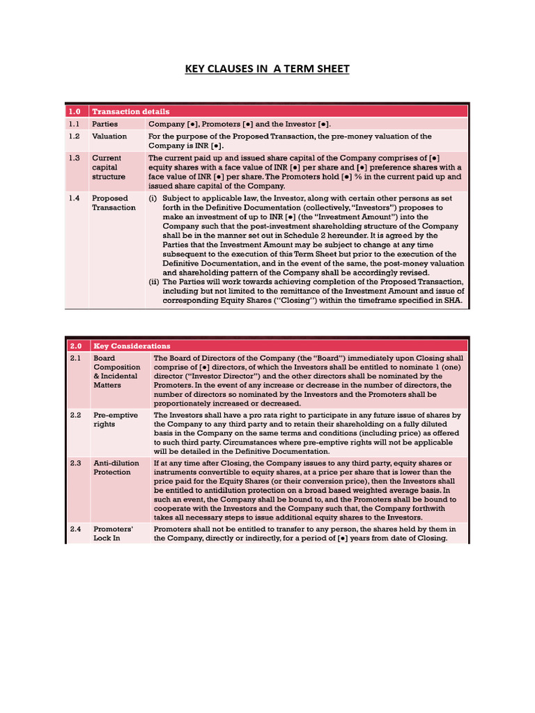 Key Clauses in A Term Sheet | PDF