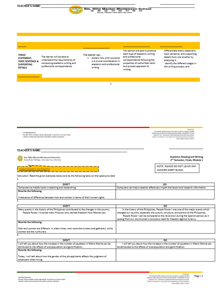 F Reading and Writing Module 1 | PDF