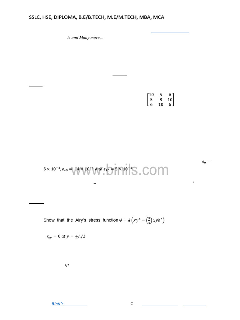 ST5103 Theory of Elasticity Plasticity Important Questions 13 Marks | PDF