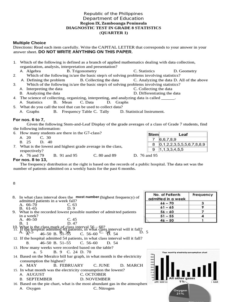Grade 8 Statistics Diagnostic Test 2024-2025 | PDF