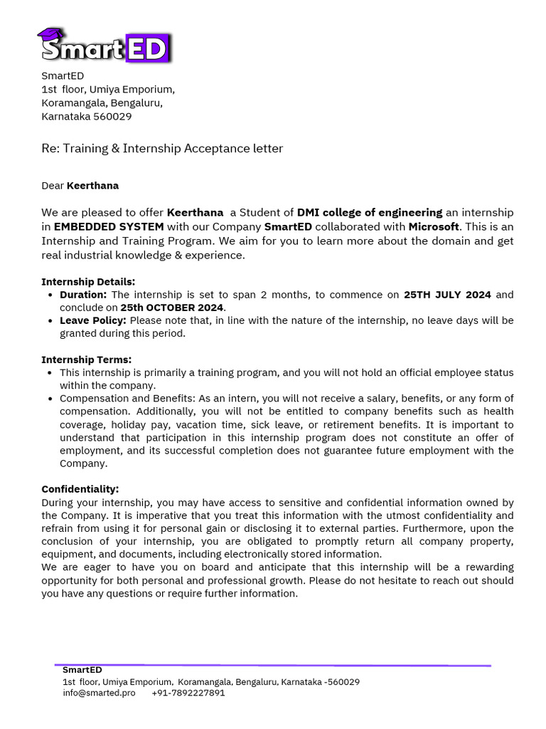 Training & Internship Acceptance Letter - Keerthana | PDF