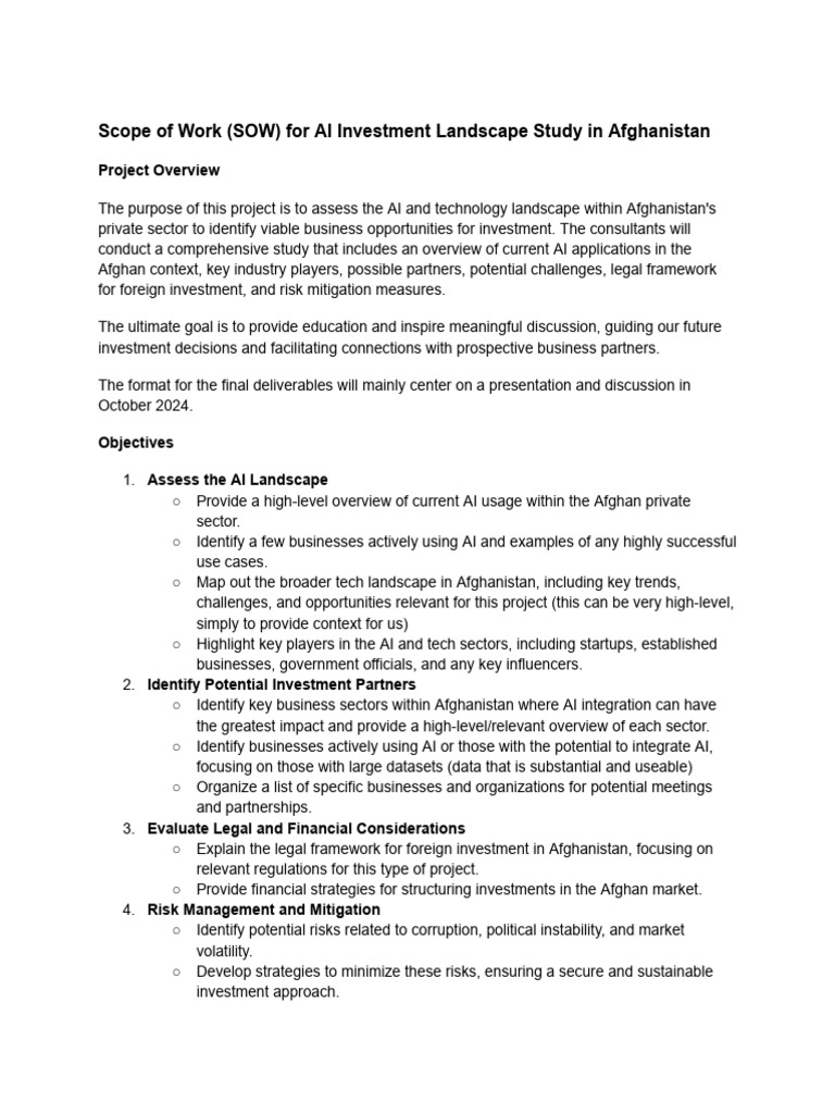 Scope of Work (SOW) For AI Investment Landscape Study in Afghanistan | PDF Scope of Work (SOW) For AI Investment Landscape Study in Afghanistan | PDF