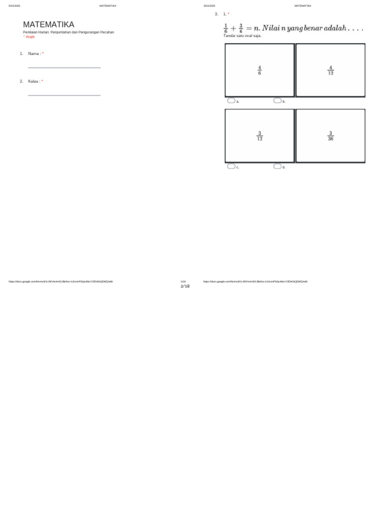PH MTK Penjumlahan Dan Pengurangan Pecahan - Google Formulir | PDF