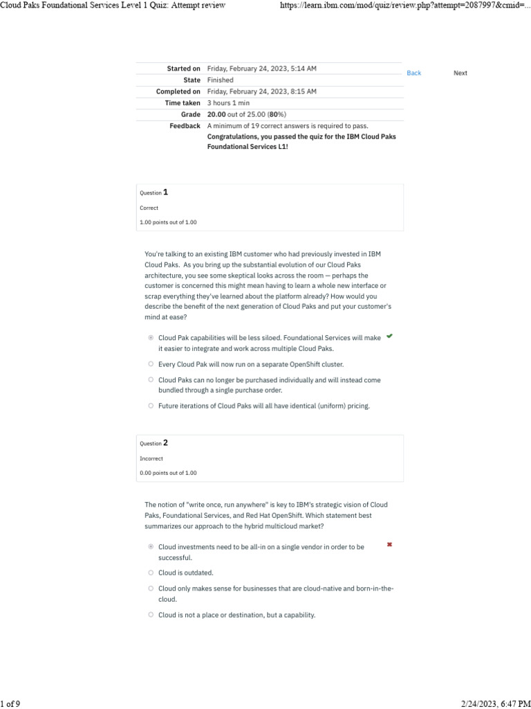 Cloud Paks Foundational Services Level 1 Quiz Attempt Review | PDF