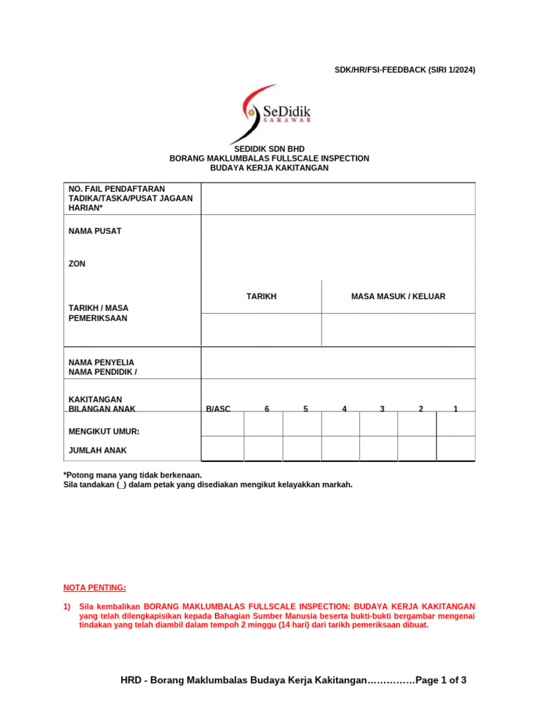Borang Maklumbalas Fullscale Inspection - HR - 15.03.2024 | PDF